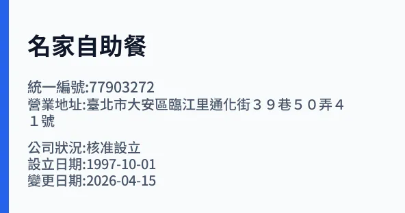 名家自助餐的照片-統編 77903272(臺北市) 公司登記資料與營業項目詳細圖表