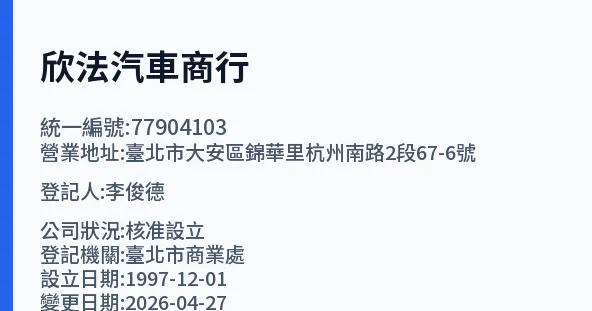 欣法汽車商行的照片-統編 77904103(臺北市) 公司登記資料與營業項目詳細圖表