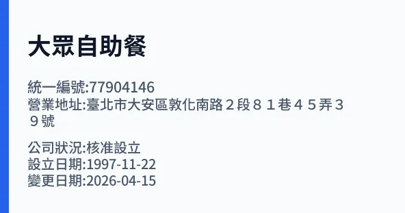 大眾自助餐的照片-統編 77904146(臺北市) 公司登記資料與營業項目詳細圖表