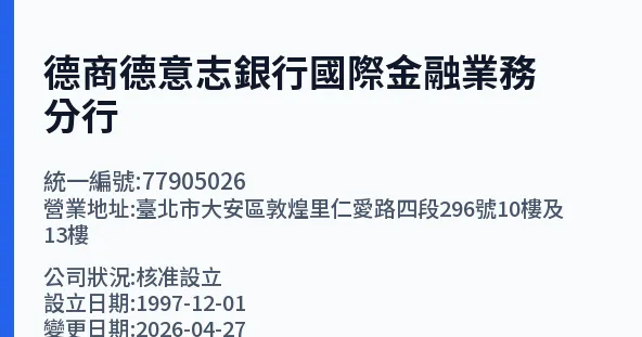 德商德意志銀行國際金融業務分行的照片-統編 77905026(臺北市) 公司登記資料與營業項目詳細圖表