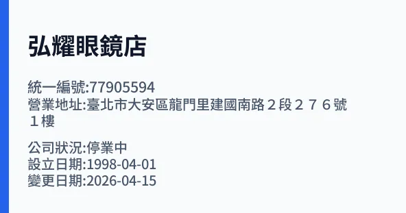 弘耀眼鏡店的照片-統編 77905594(臺北市) 公司登記資料與營業項目詳細圖表