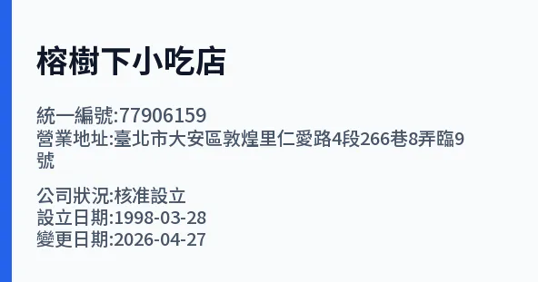 榕樹下小吃店的照片-統編 77906159(臺北市) 公司登記資料與營業項目詳細圖表