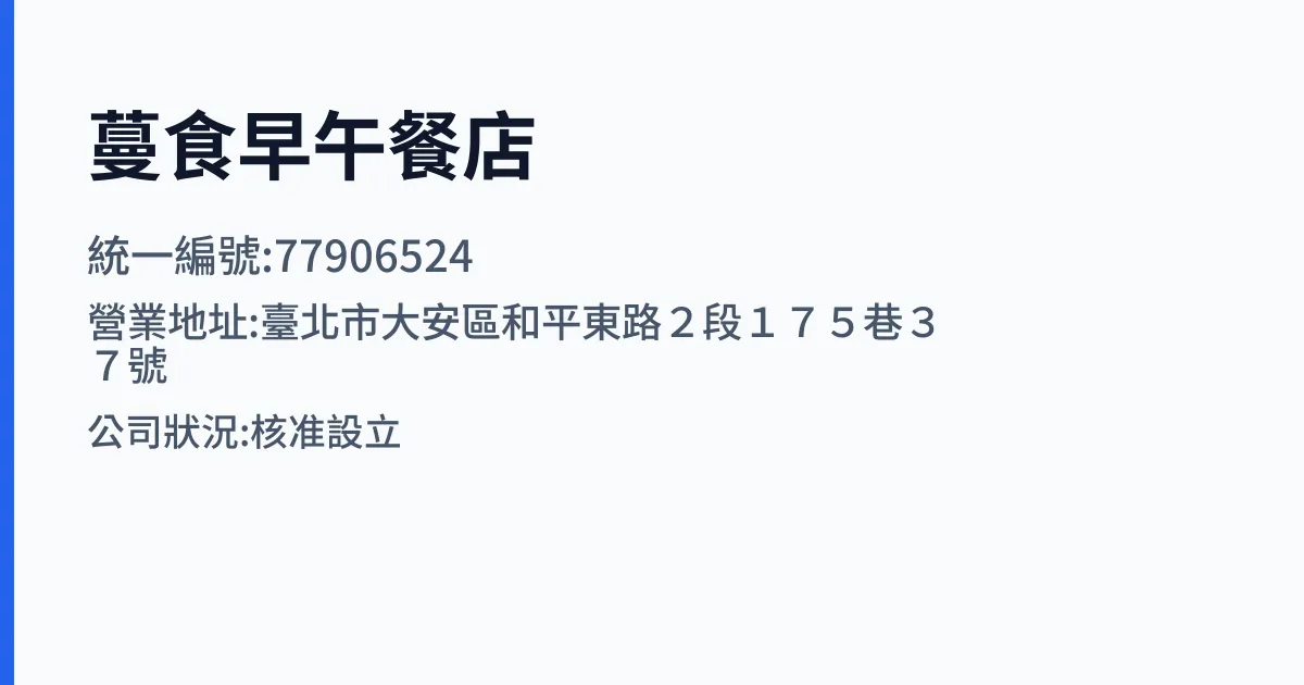蔓食早午餐店 - 統編 77906524(臺北市) 公司登記資料與營業項目詳細圖表
