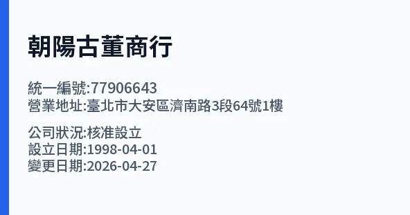 朝陽古董商行的照片-統編 77906643(臺北市) 公司登記資料與營業項目詳細圖表