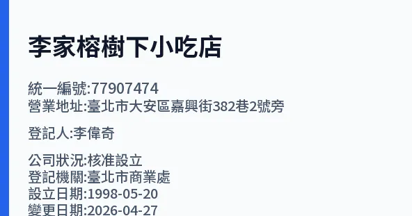 李家榕樹下小吃店的照片-統編 77907474(臺北市) 公司登記資料與營業項目詳細圖表