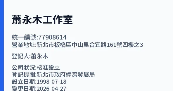 蕭永木工作室的照片-統編 77908614(新北市) 公司登記資料與營業項目詳細圖表