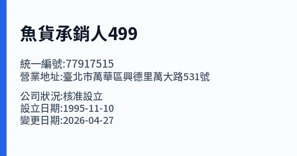 魚貨承銷人499的照片-統編 77917515(臺北市) 公司登記資料與營業項目詳細圖表