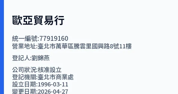 歐亞貿易行的照片-統編 77919160(臺北市) 公司登記資料與營業項目詳細圖表