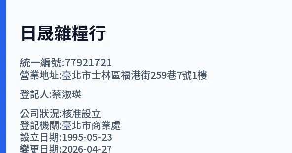 日晟雜糧行的照片-統編 77921721(臺北市) 公司登記資料與營業項目詳細圖表