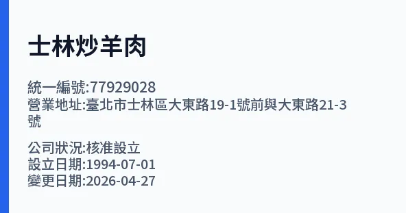 士林炒羊肉的照片-統編 77929028(臺北市) 公司登記資料與營業項目詳細圖表