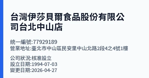台灣伊莎貝爾食品股份有限公司台北中山店的照片-統編 77929189(臺北市) 公司登記資料與營業項目詳細圖表