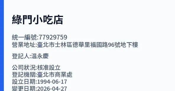 綠門小吃店的照片-統編 77929759(臺北市) 公司登記資料與營業項目詳細圖表