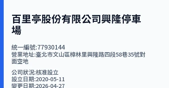 百里亭股份有限公司興隆停車場的照片-統編 77930144(臺北市) 公司登記資料與營業項目詳細圖表