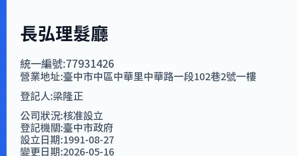長弘理髮廳的照片-統編 77931426(臺中市) 公司登記資料與營業項目詳細圖表