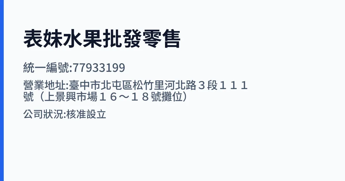 表妹水果批發零售 - 統編 77933199(臺中市) 公司登記資料與營業項目詳細圖表