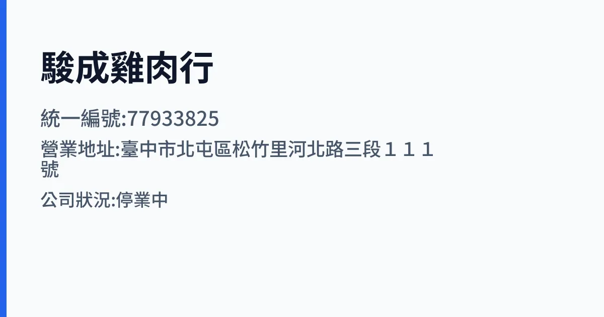 駿成雞肉行 - 統編 77933825(臺中市) 公司登記資料與營業項目詳細圖表