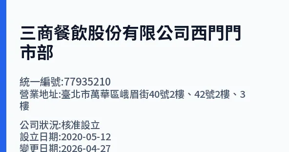 三商餐飲股份有限公司西門門市部的照片-統編 77935210(臺北市) 公司登記資料與營業項目詳細圖表