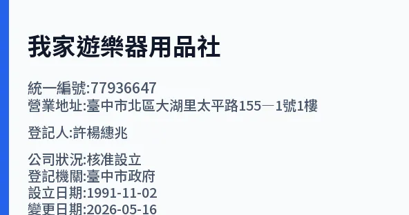 我家遊樂器用品社的照片-統編 77936647(臺中市) 公司登記資料與營業項目詳細圖表