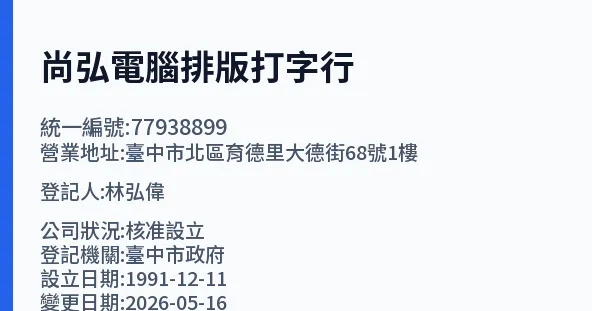 尚弘電腦排版打字行的照片-統編 77938899(臺中市) 公司登記資料與營業項目詳細圖表