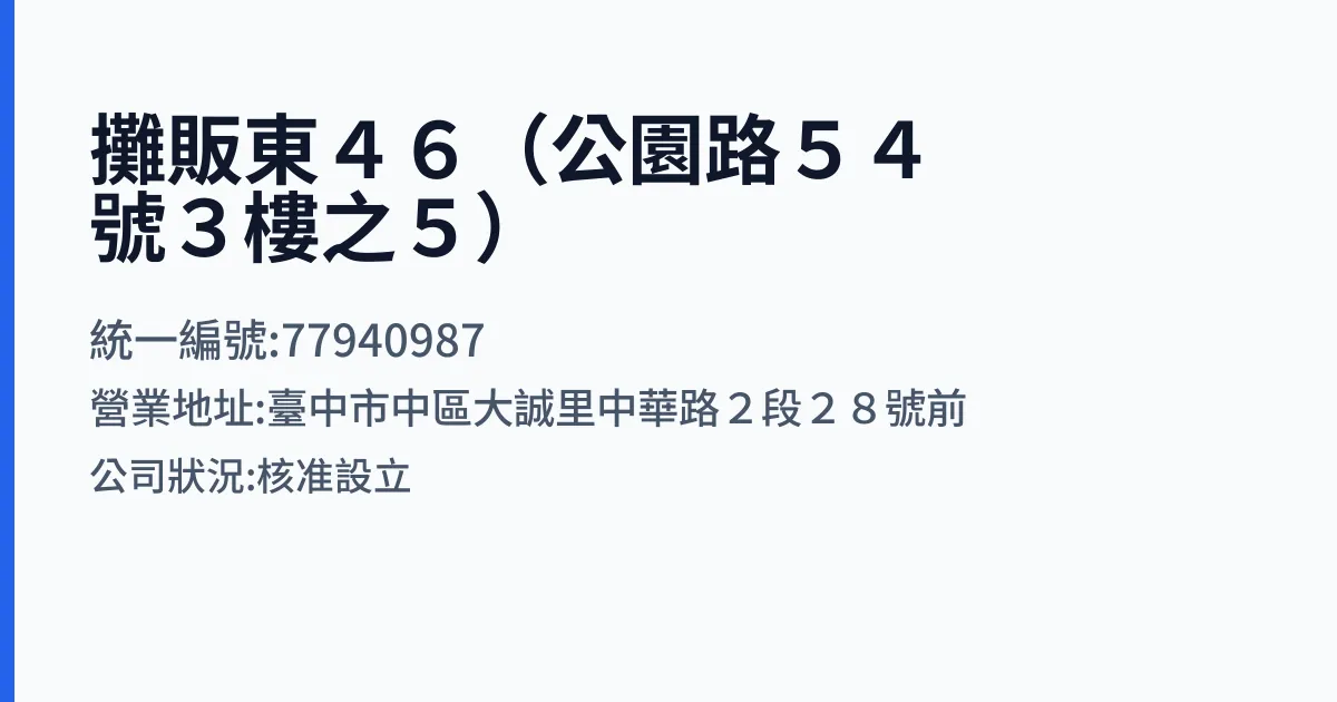 攤販東46(公園路54號3樓之5) - 統編 77940987(臺中市) 公司登記資料與營業項目詳細圖表