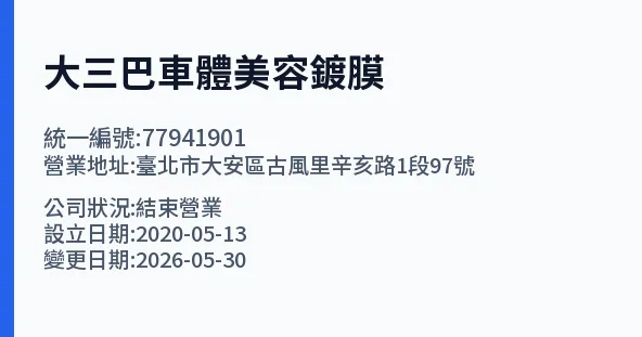 大三巴車體美容鍍膜的照片-統編 77941901(臺北市) 公司登記資料與營業項目詳細圖表