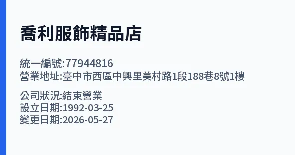 喬利服飾精品店的照片-統編 77944816(臺中市) 公司登記資料與營業項目詳細圖表