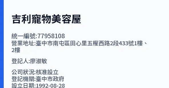 吉利寵物美容屋的照片-統編 77958108(臺中市) 公司登記資料與營業項目詳細圖表