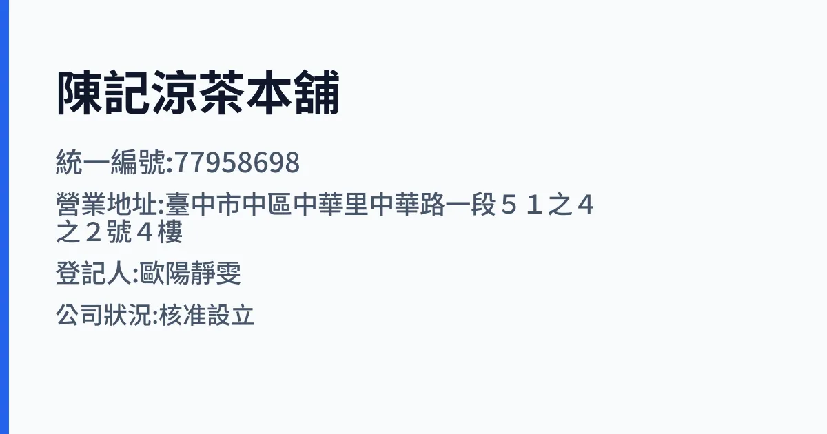陳記涼茶本舖 - 統編 77958698(臺中市) 公司登記資料與營業項目詳細圖表