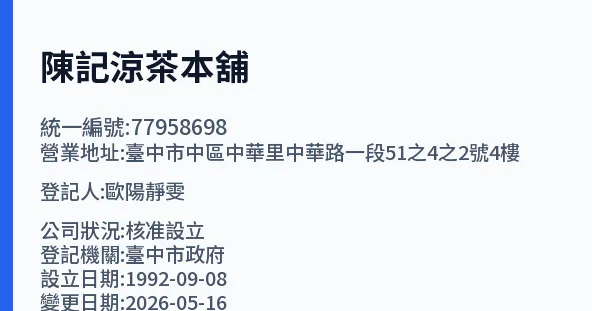 陳記涼茶本舖的照片-統編 77958698(臺中市) 公司登記資料與營業項目詳細圖表