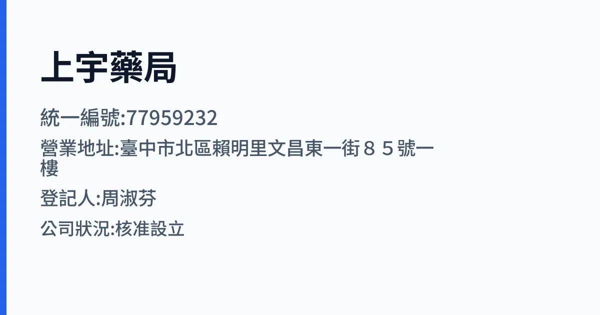 上宇藥局 - 統編 77959232(臺中市) 公司登記資料與營業項目詳細圖表