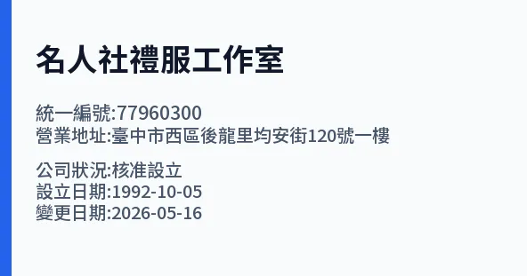 名人社禮服工作室的照片-統編 77960300(臺中市) 公司登記資料與營業項目詳細圖表