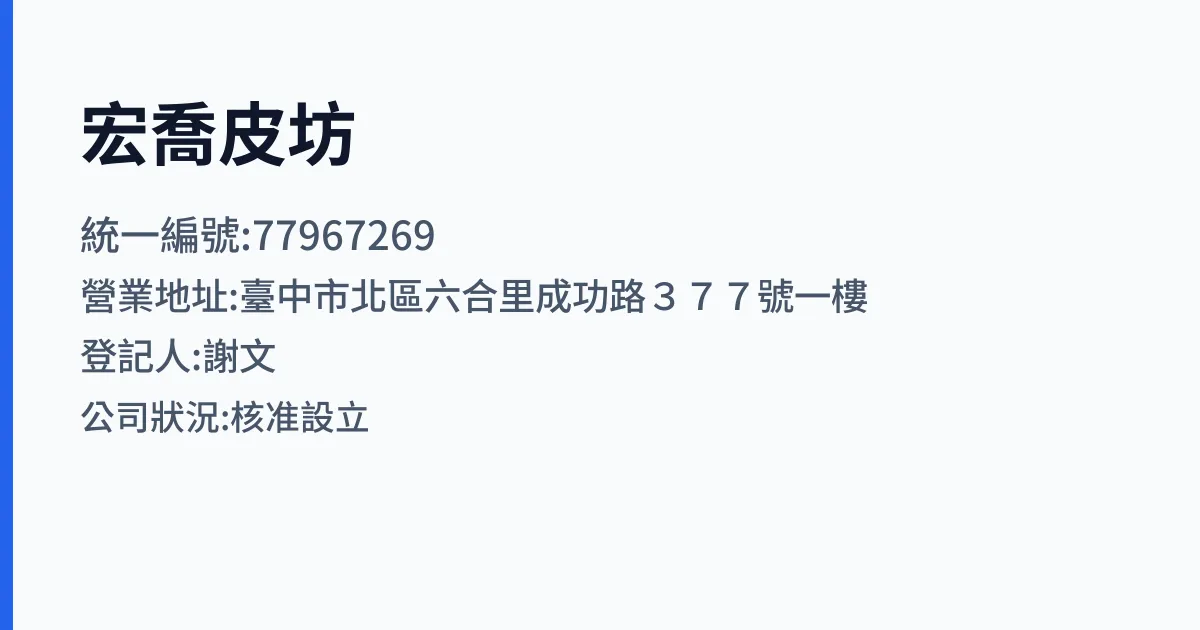 宏喬皮坊 - 統編 77967269(臺中市) 公司登記資料與營業項目詳細圖表