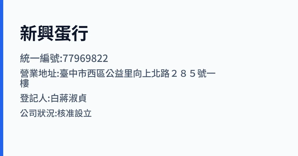 新興蛋行 - 統編 77969822(臺中市) 公司登記資料與營業項目詳細圖表