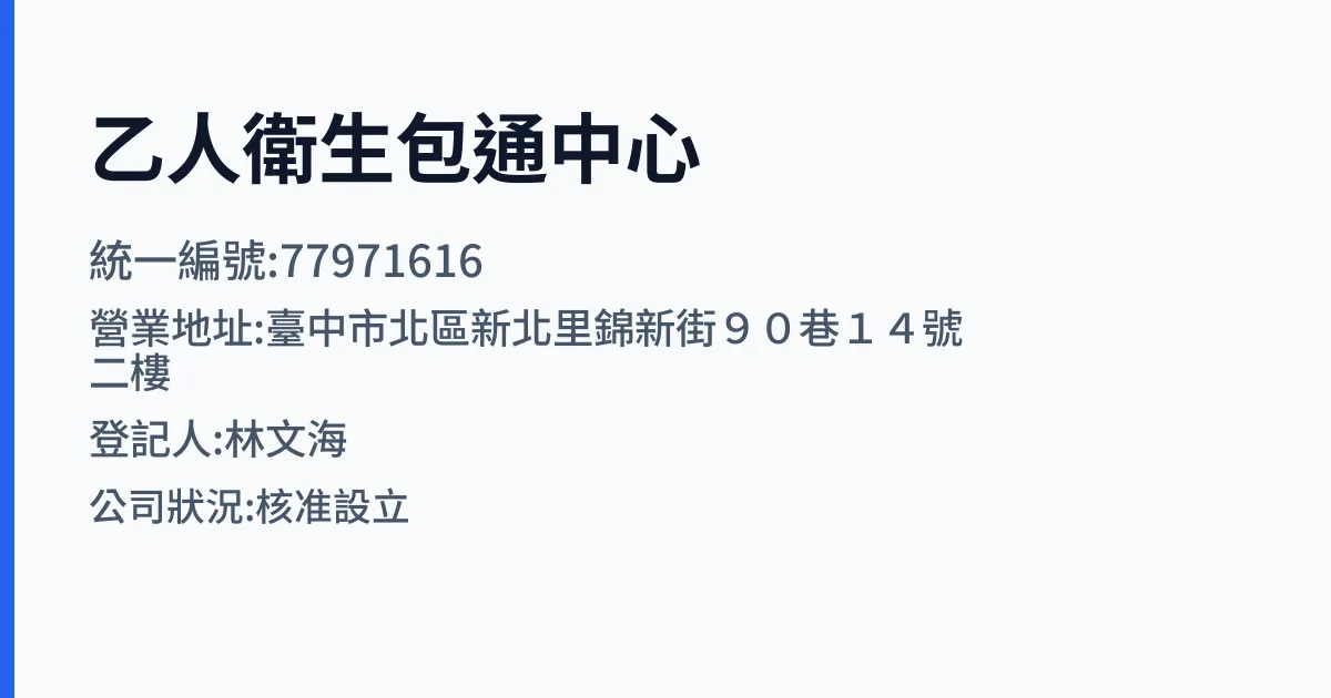乙人衛生包通中心 - 統編 77971616（臺中市） 公司登記資料與營業項目詳細圖表