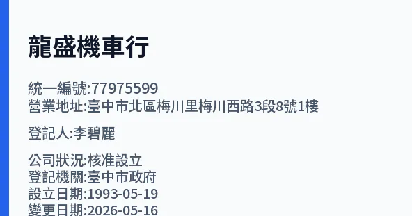 龍盛機車行的照片-統編 77975599(臺中市) 公司登記資料與營業項目詳細圖表