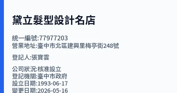 黛立髮型設計名店的照片-統編 77977203(臺中市) 公司登記資料與營業項目詳細圖表
