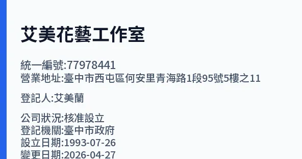 艾美花藝工作室的照片-統編 77978441(臺中市) 公司登記資料與營業項目詳細圖表