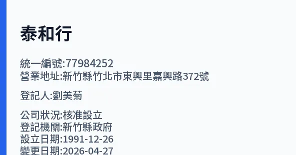 泰和行的照片-統編 77984252(新竹縣) 公司登記資料與營業項目詳細圖表