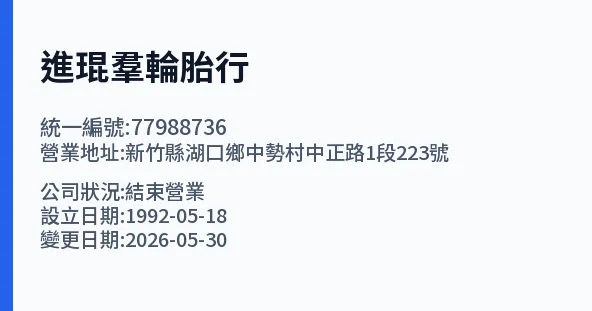進琨羣輪胎行的照片-統編 77988736(新竹縣) 公司登記資料與營業項目詳細圖表