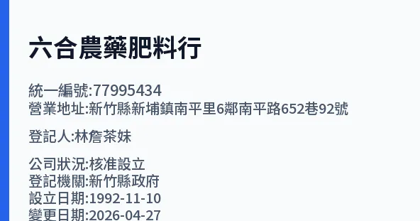 六合農藥肥料行的照片-統編 77995434(新竹縣) 公司登記資料與營業項目詳細圖表