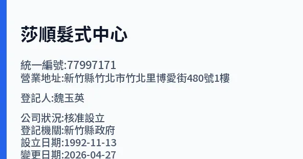 莎順髮式中心的照片-統編 77997171(新竹縣) 公司登記資料與營業項目詳細圖表