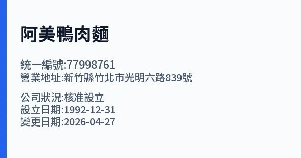 阿美鴨肉麵的照片-統編 77998761(新竹縣) 公司登記資料與營業項目詳細圖表