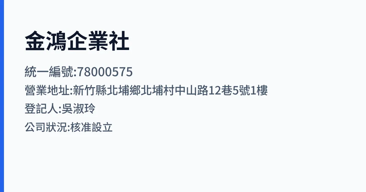 金鴻企業社 - 統編 78000575(新竹縣) 公司登記資料與營業項目詳細圖表