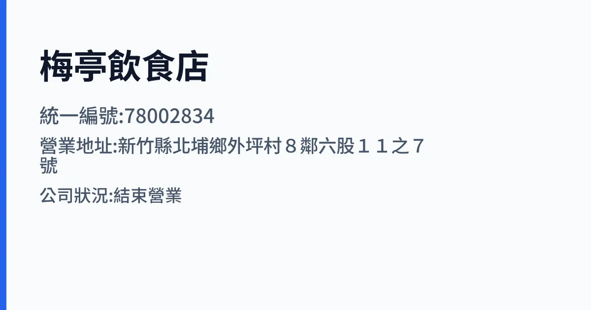梅亭飲食店 - 統編 78002834(新竹縣) 公司登記資料與營業項目詳細圖表