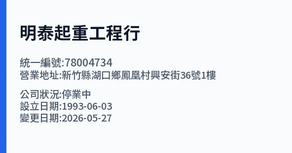 明泰起重工程行的照片-統編 78004734(新竹縣) 公司登記資料與營業項目詳細圖表