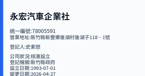 永宏汽車企業社的照片-統編 78005591(新竹縣) 公司登記資料與營業項目詳細圖表