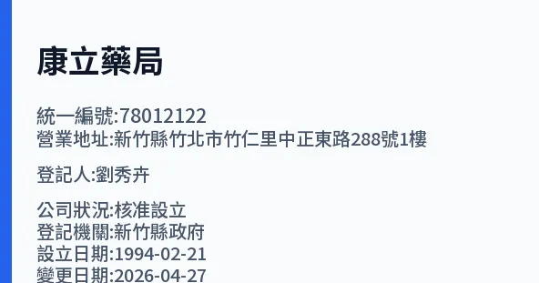 康立藥局的照片-統編 78012122(新竹縣) 公司登記資料與營業項目詳細圖表