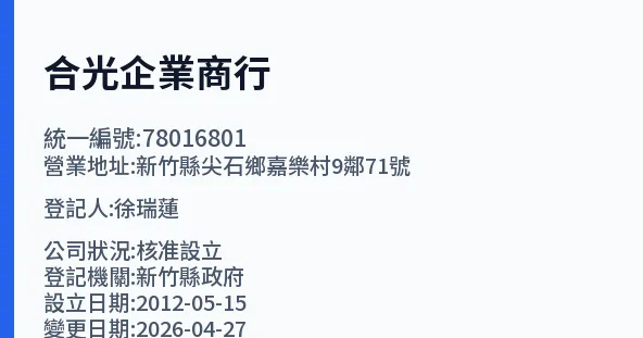 合光企業商行的照片-統編 78016801(新竹縣) 公司登記資料與營業項目詳細圖表