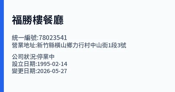 福勝樓餐廳的照片-統編 78023541(新竹縣) 公司登記資料與營業項目詳細圖表