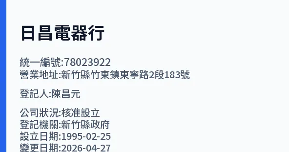 日昌電器行的照片-統編 78023922(新竹縣) 公司登記資料與營業項目詳細圖表